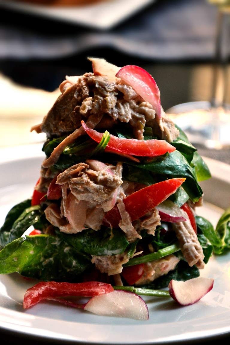 Shredded veal salad with radishes, tomatoes, spinach and yogurt-mustard ...
